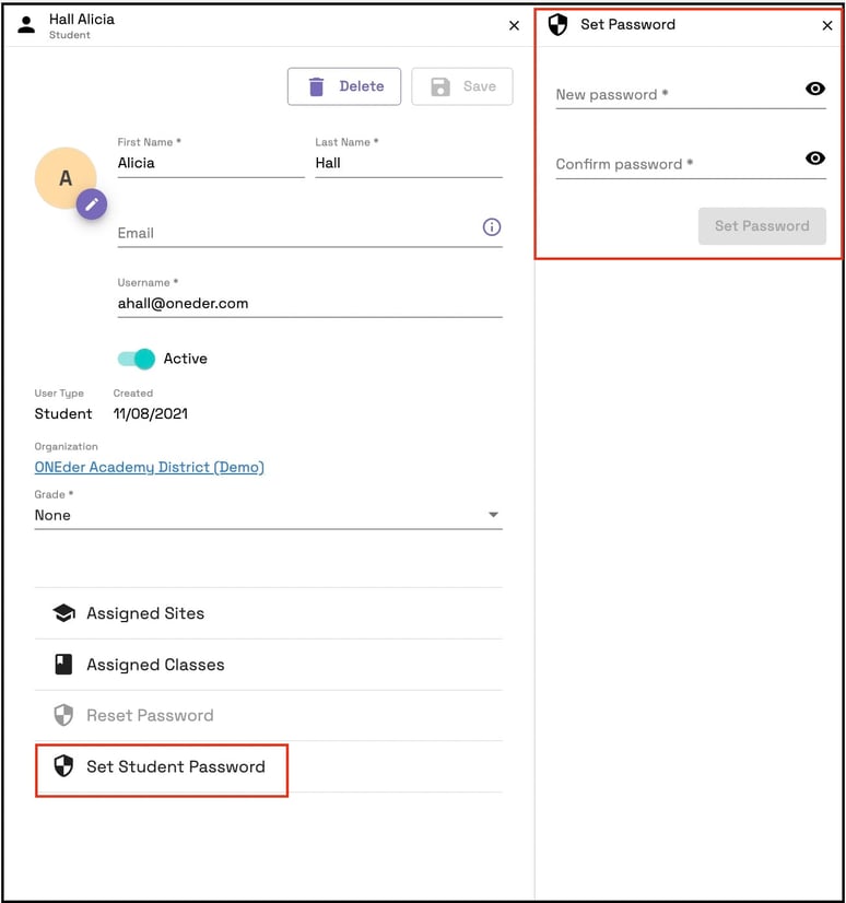 How do I set or reset a student’s password?